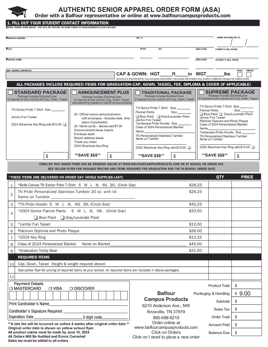 ASA Order Form FINAL | Balfour Campus Products Knoxville